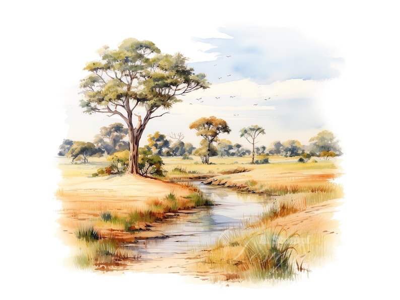 10 Savannah Landscape Clipart Set Panoramic Digital Watercolor Painting ...