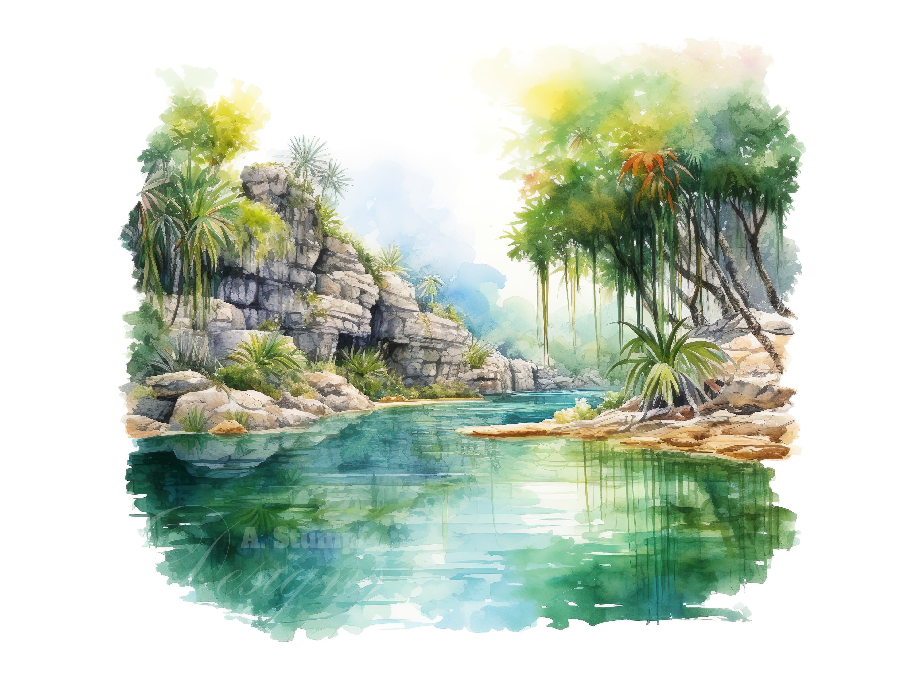 Cenote Landscape, Watercolor Clipart Set, Nature Illustration, Tropical ...