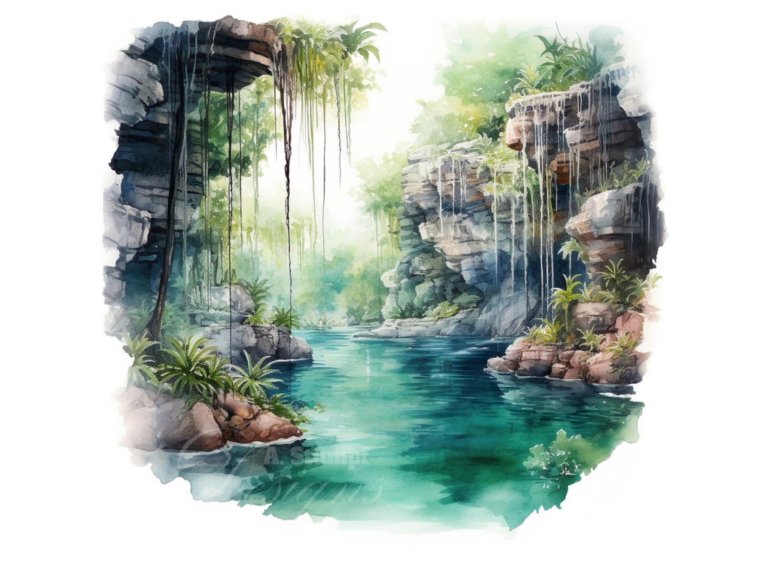 10 Cenote Landscape Clipart Set Digital Watercolor Painting Scenic ...