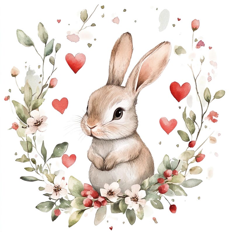 10 Bunny Valentines Day Wreath Clipart Set Digital Watercolor Painting ...
