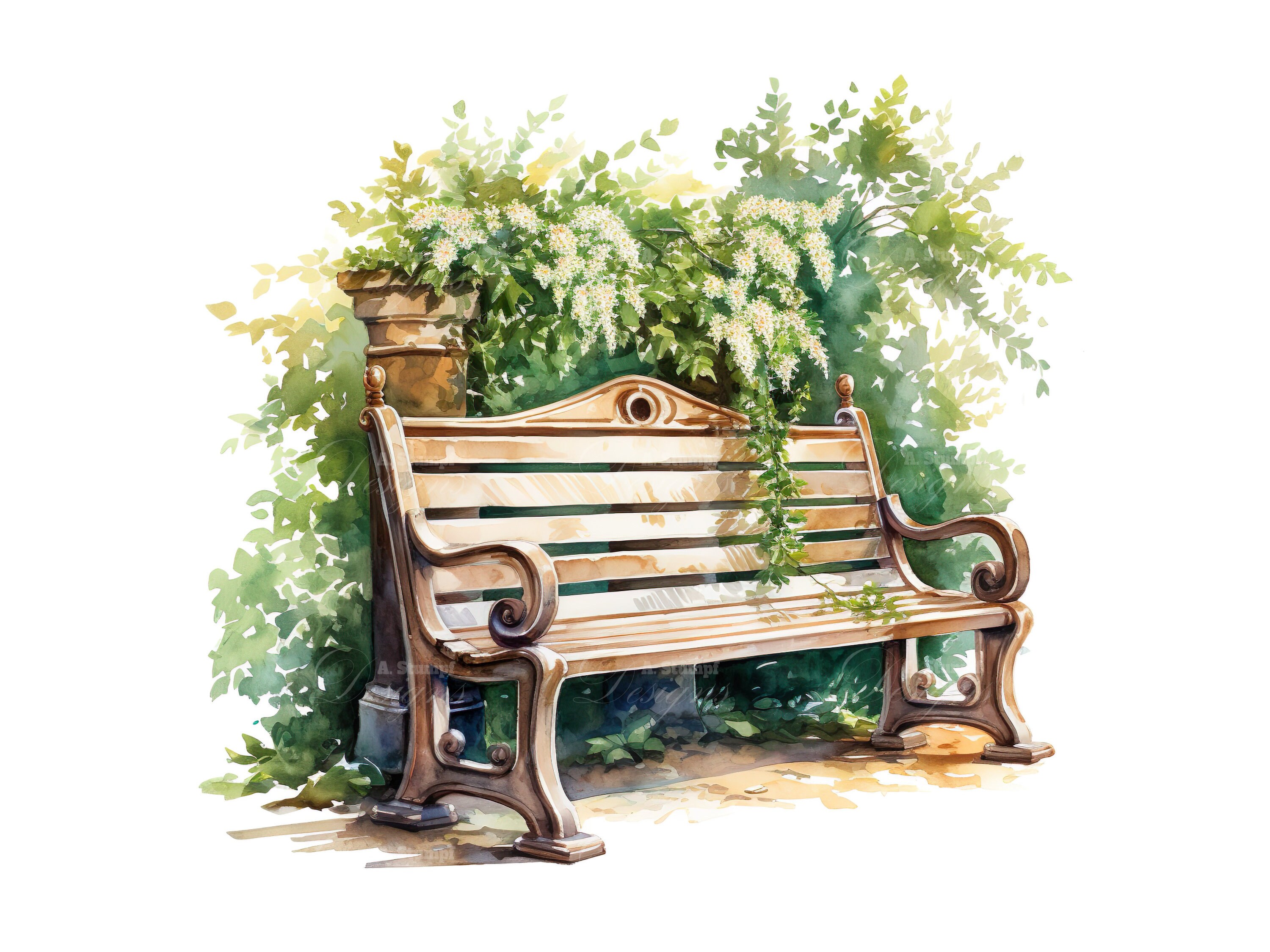 10 Park Bench Clipart Summer Scenery Illustration Digital Watercolor ...
