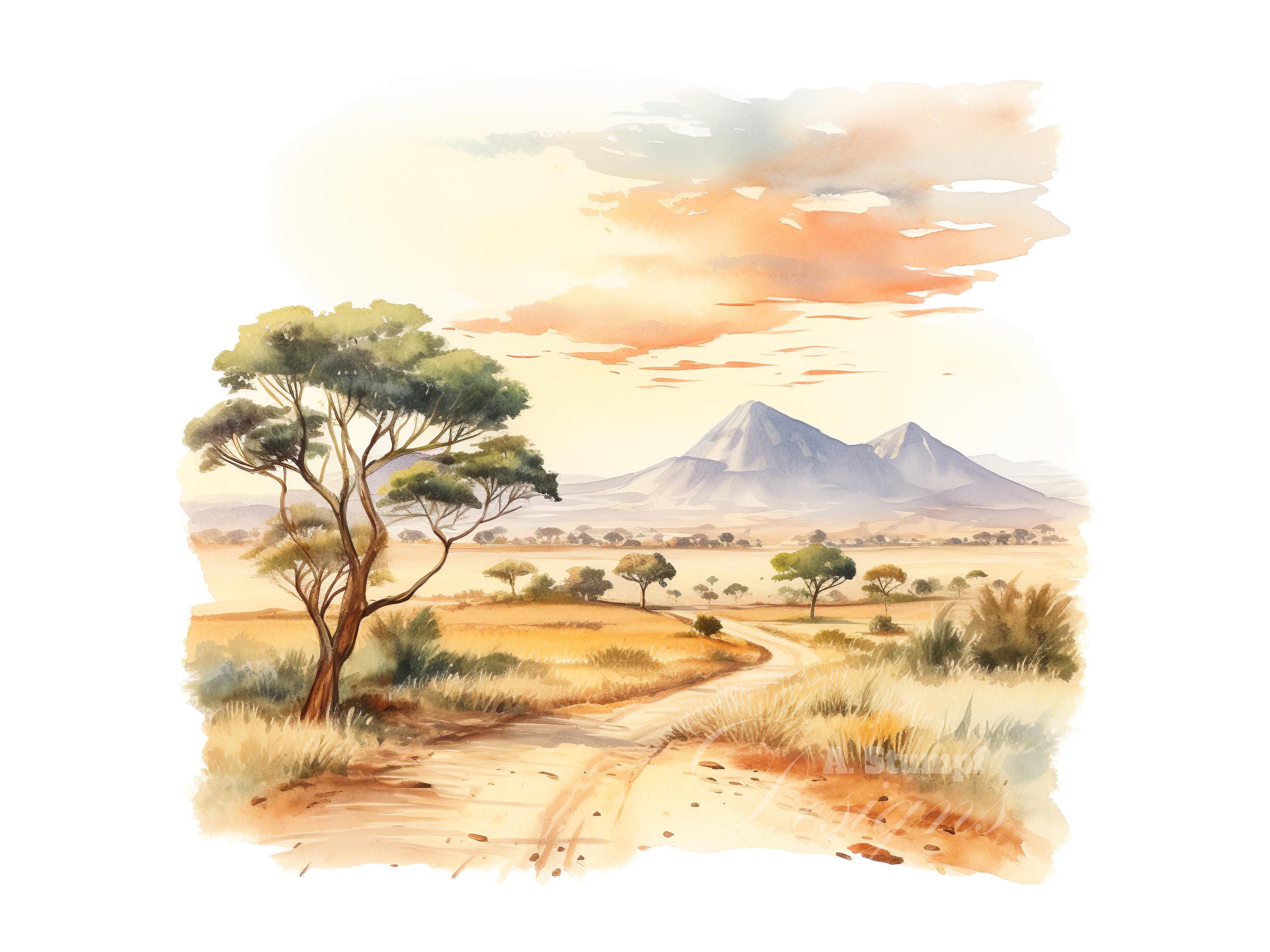 10 Savannah Landscape Clipart Set Panoramic Digital Watercolor Painting ...