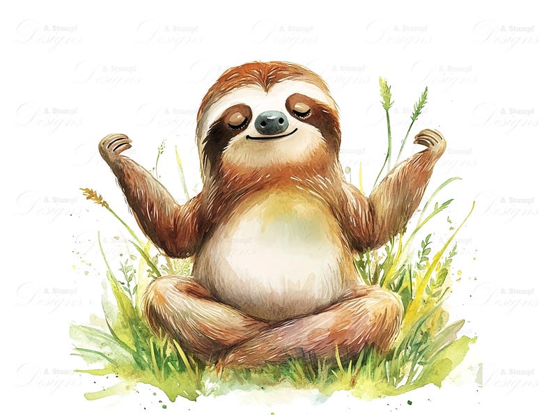 10 Funny Zen Sloth Doing Yoga Clipart Set Digital Watercolor Painting ...