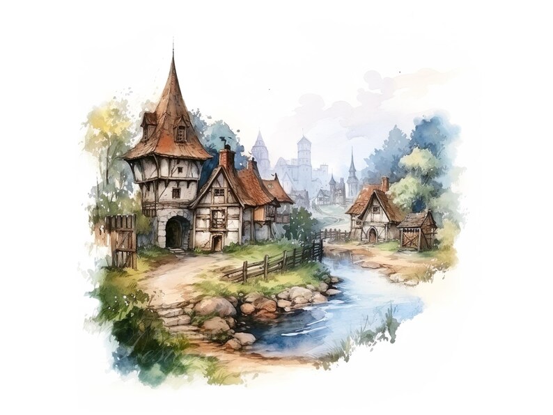 10 Medieval Village Landscape Clipart Set Digital Watercolor Historical ...