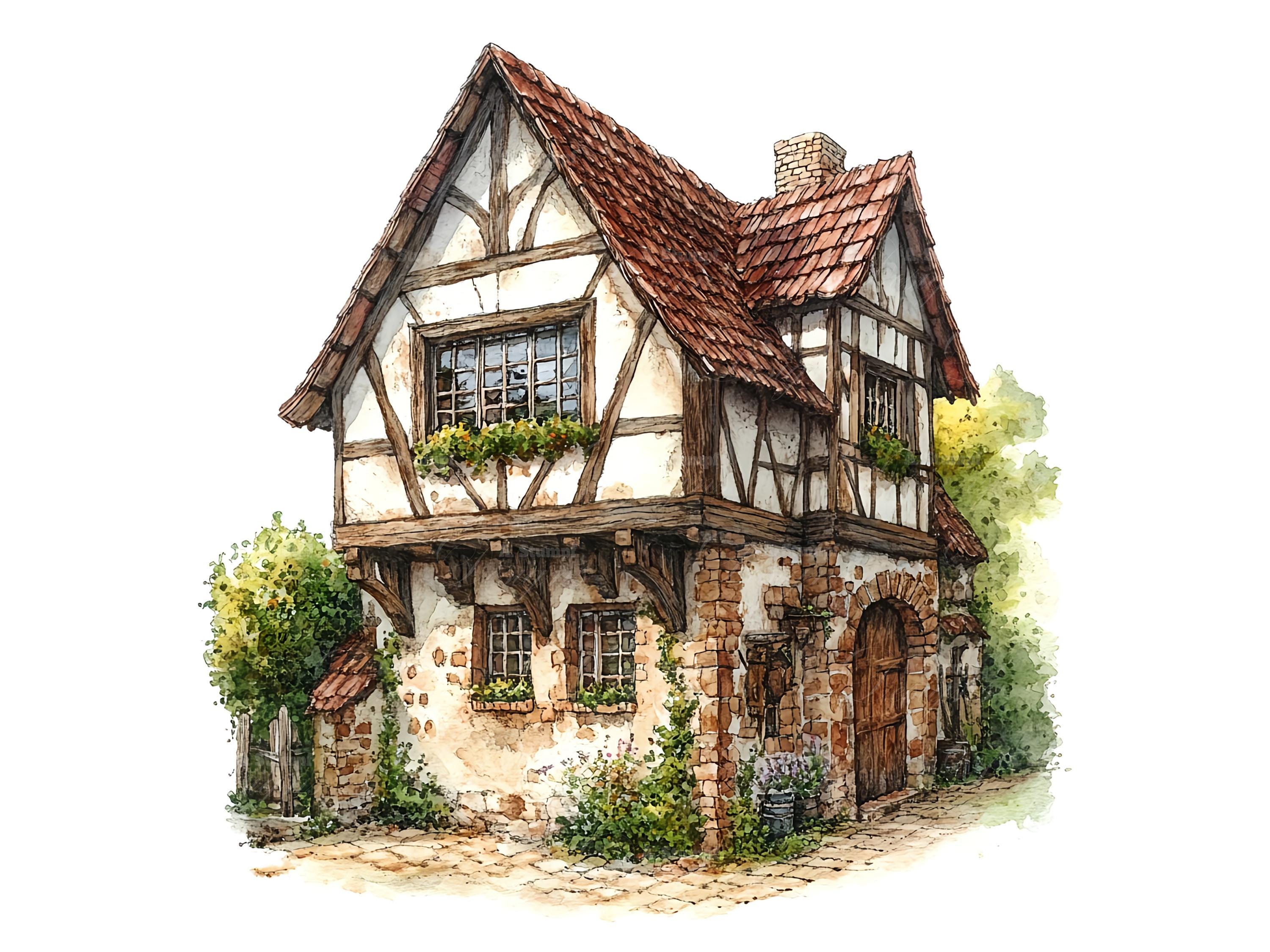 10 Medieval Era House Clipart Set Digital Watercolor Old Cottage ...
