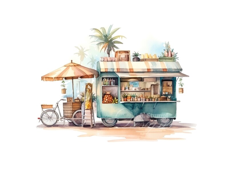 10 Street Food Cart Truck Clipart Set Digital Watercolor Painting ...