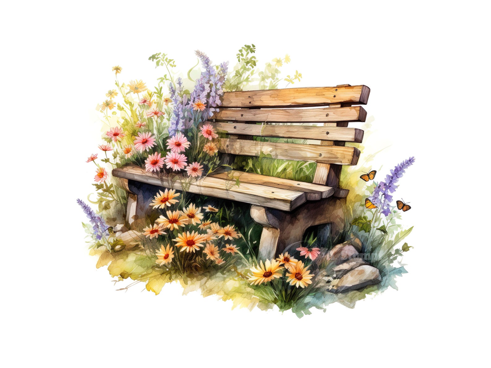 Floral Art Print Bench Clipart Set Garden Bench Watercolor Clipart ...