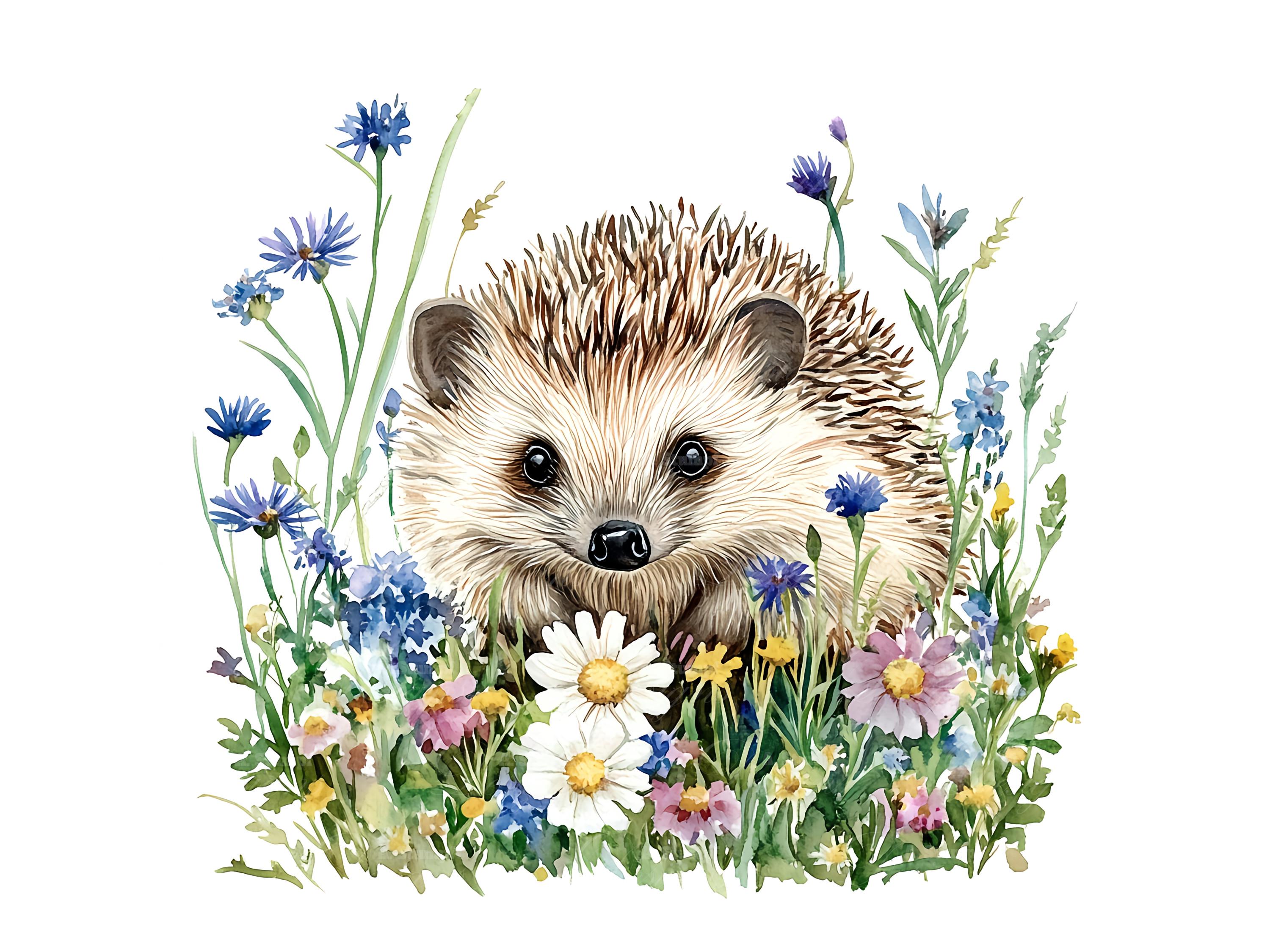 10 Hedgehog Wildflowers Clipart Set Digital Watercolor Painting Forset ...