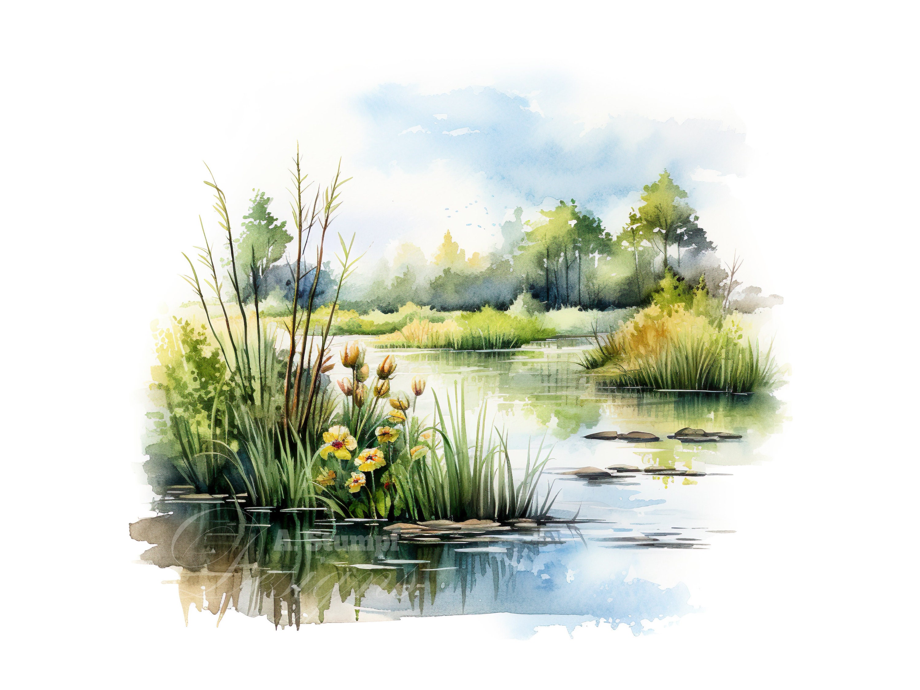 Wetland Landscape Clipart Set, Digital Watercolor Painting, Nature ...