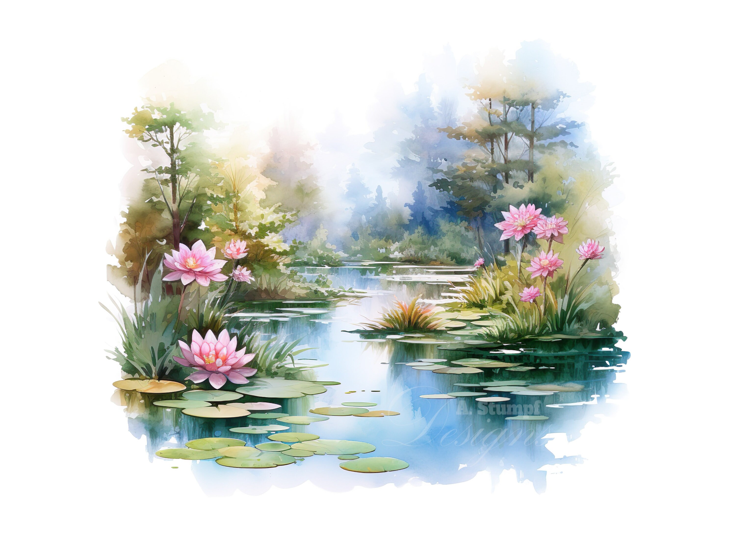 10 Pond Clipart Set Digital Watercolor Painting Floral Nature Scene ...