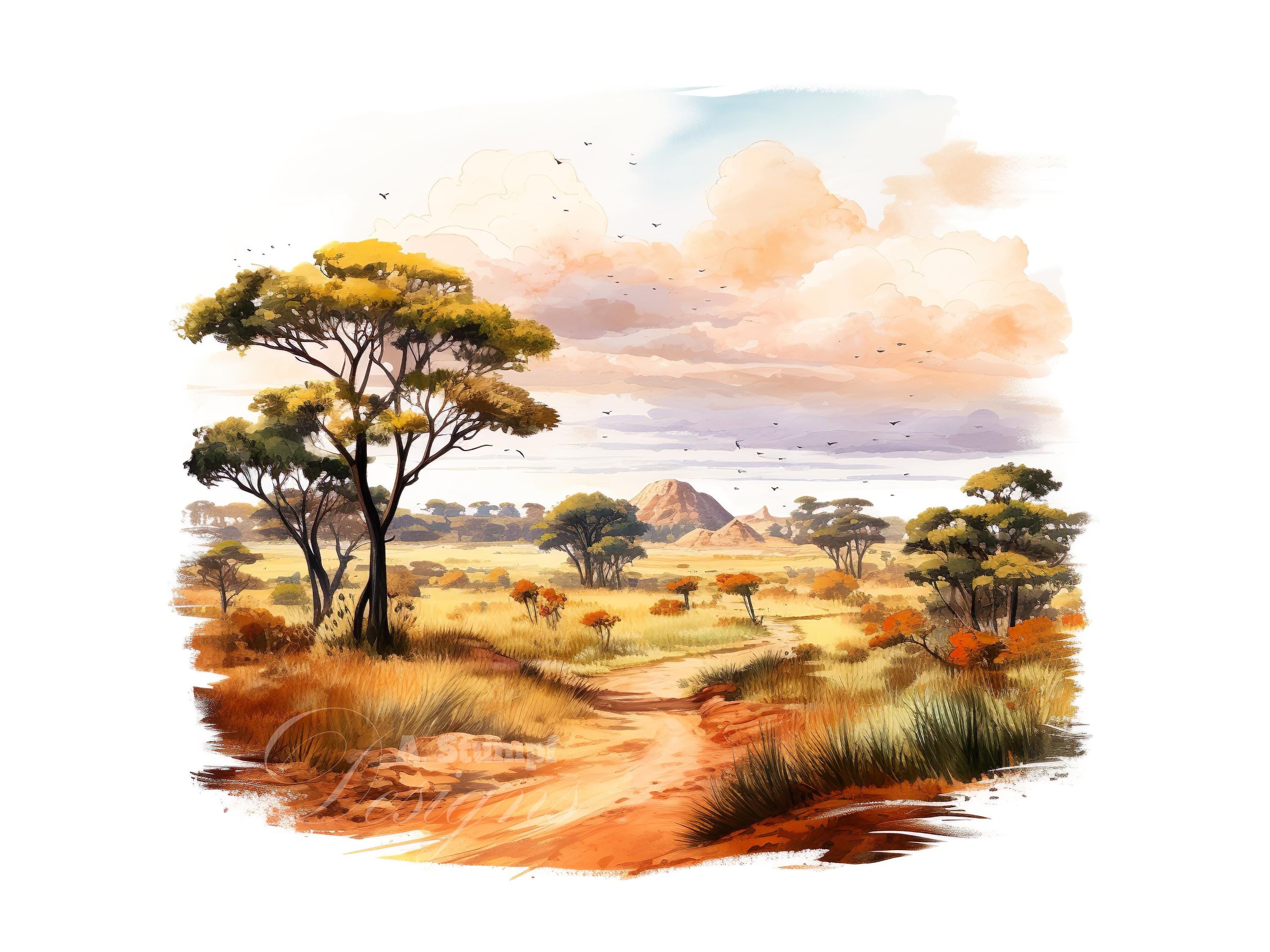 10 Savannah Landscape Clipart Set Panoramic Digital Watercolor Painting ...