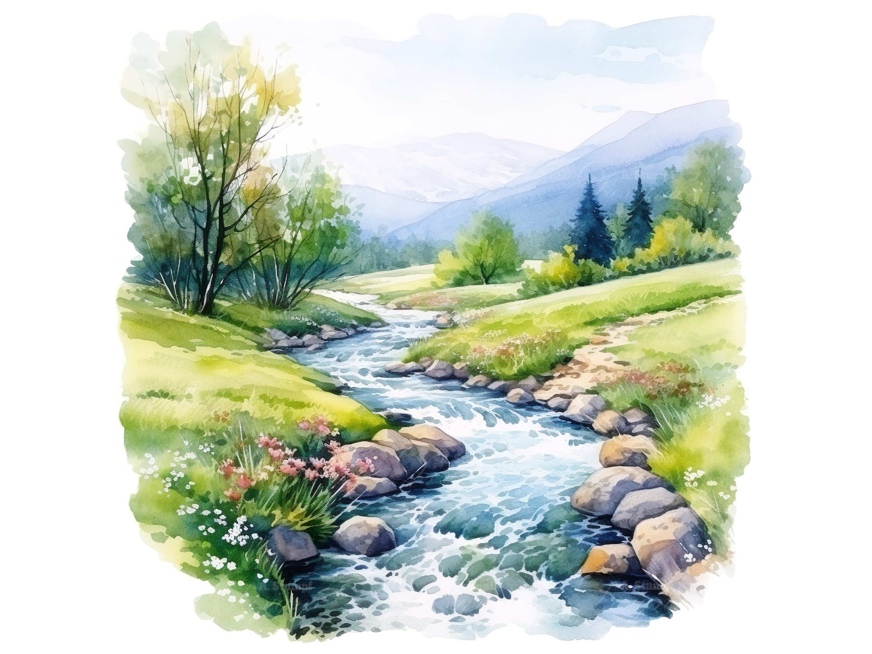10 Mountain Stream Spring Landscape Clipart Set Digital Watercolor ...