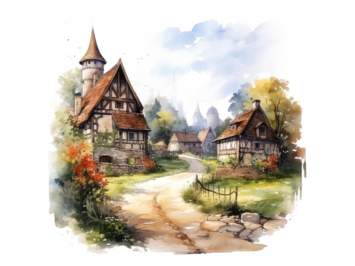 10 Medieval Village Landscape Clipart Set Digital Watercolor Historical ...