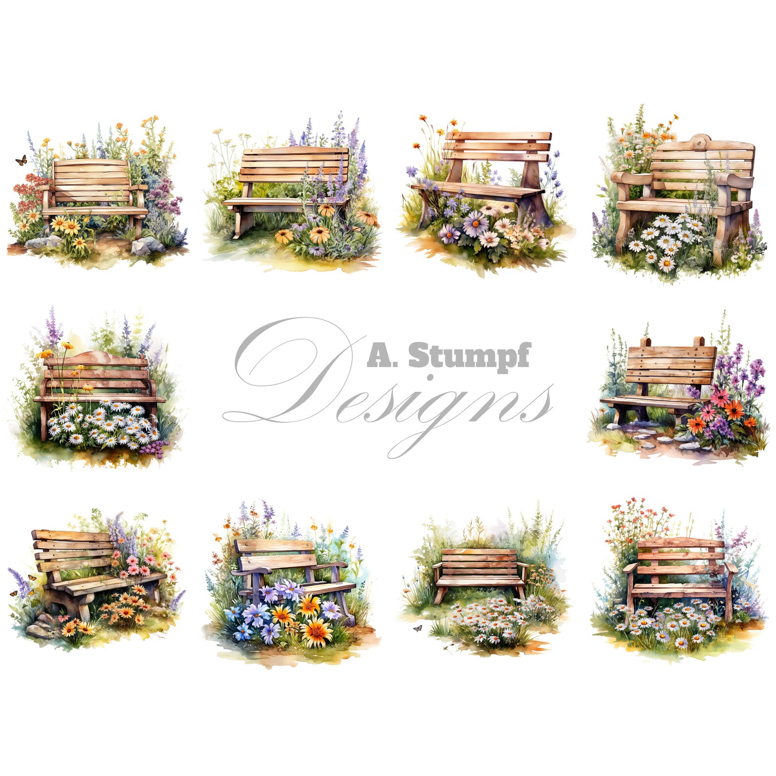 Floral Art Print Bench Clipart Set Garden Bench Watercolor Clipart ...