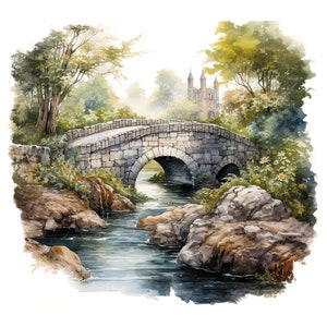 10 Cobblestone Bridge Summer Clipart, Digital Watercolor Painting ...