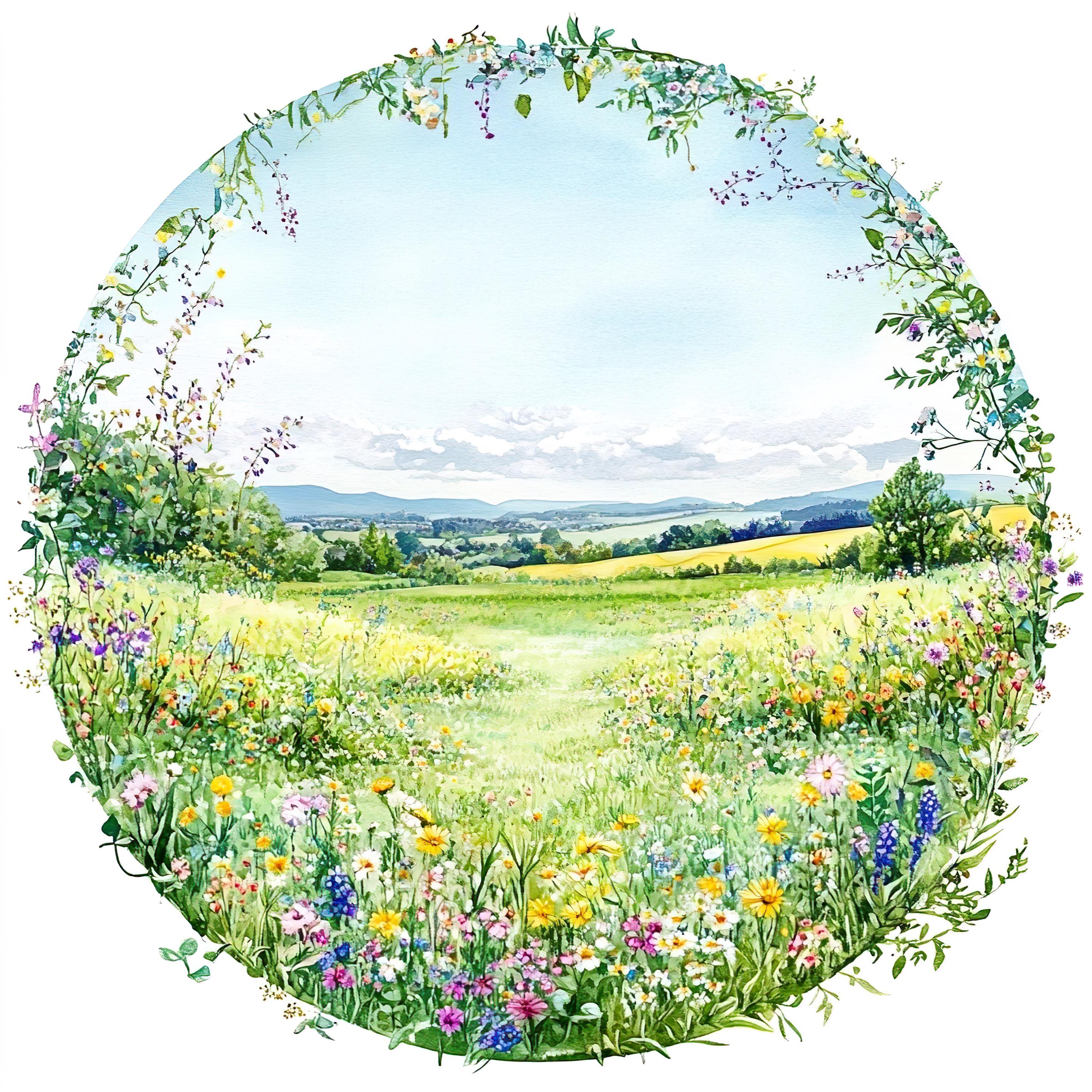 10 Spring Meadow Landscape Circle Shape Clipart Set Digital Watercolor ...