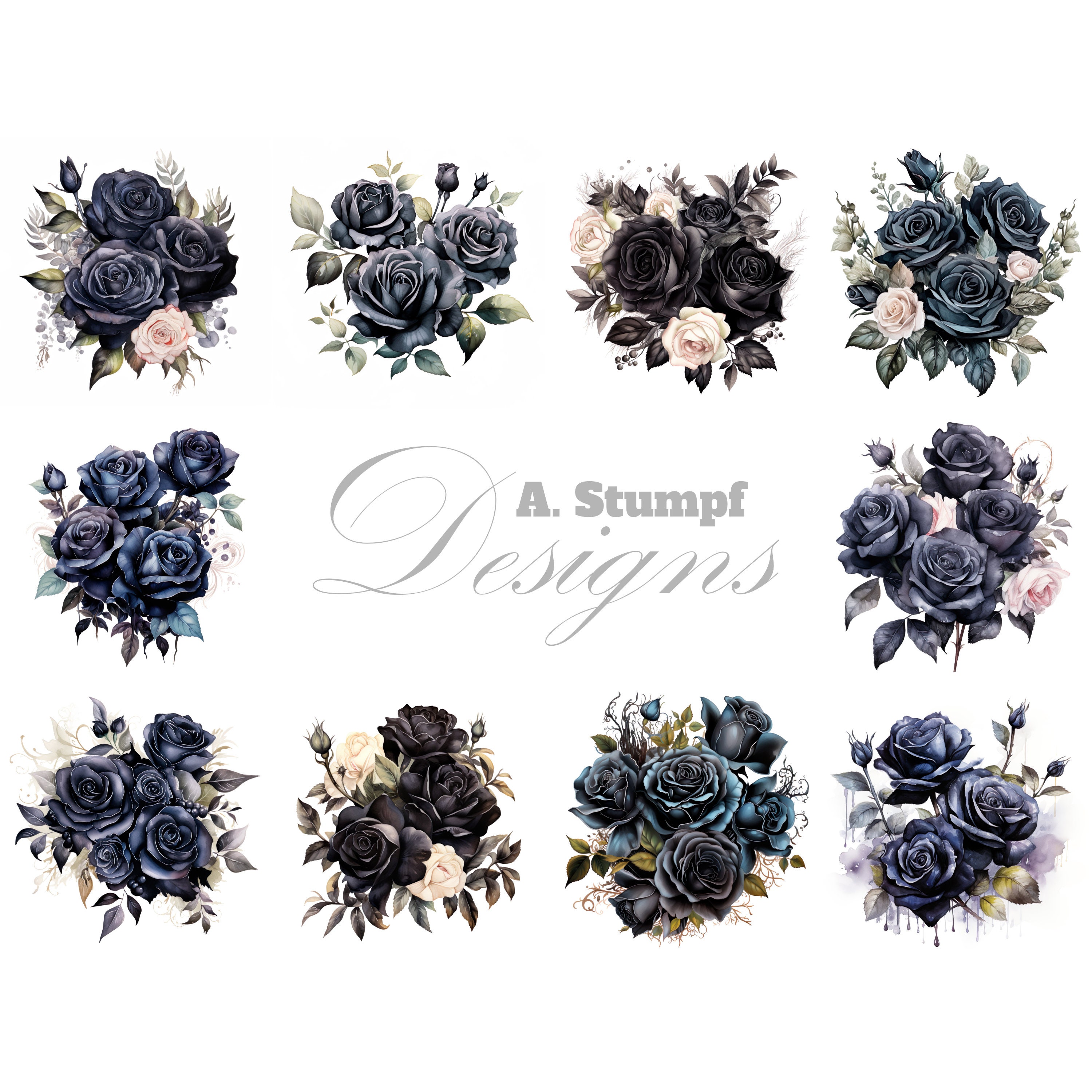Black Roses Clipart Set Watercolor Clip Art Mystical Floral Design ...