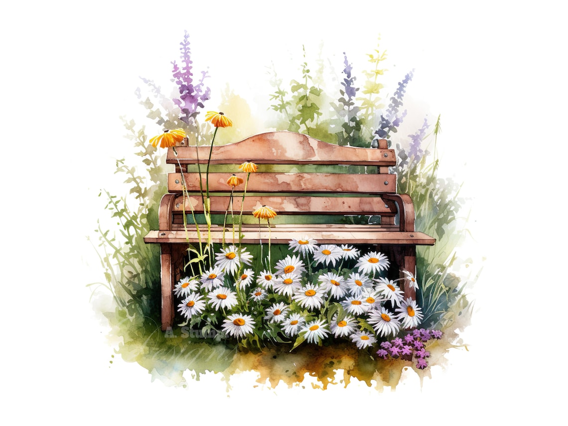 Floral Art Print Bench Clipart Set Garden Bench Watercolor Clipart ...