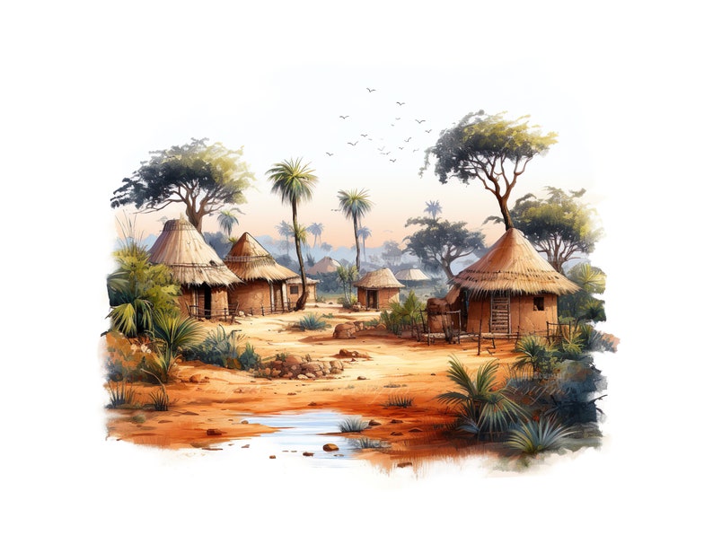 African Village Clipart Set Scenery Bundle Digital Watercolor Safari ...