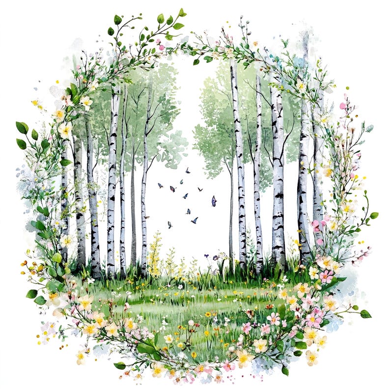10 Spring Birch Tree Forest Landscape Wreath Clipart Set Digital ...
