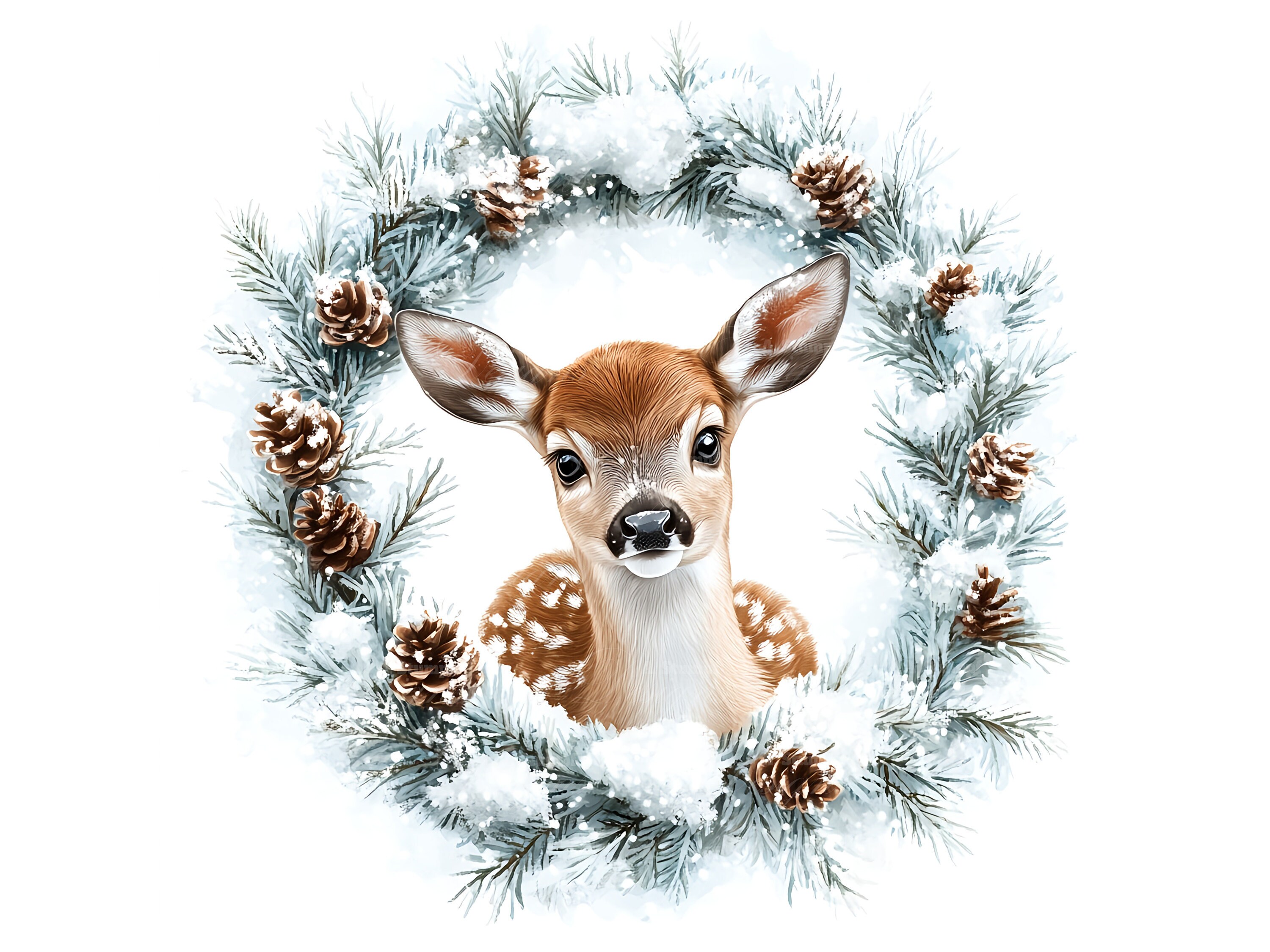 10 Deer in Christmas Wreath Clipart, Digital Watercolor Painting ...