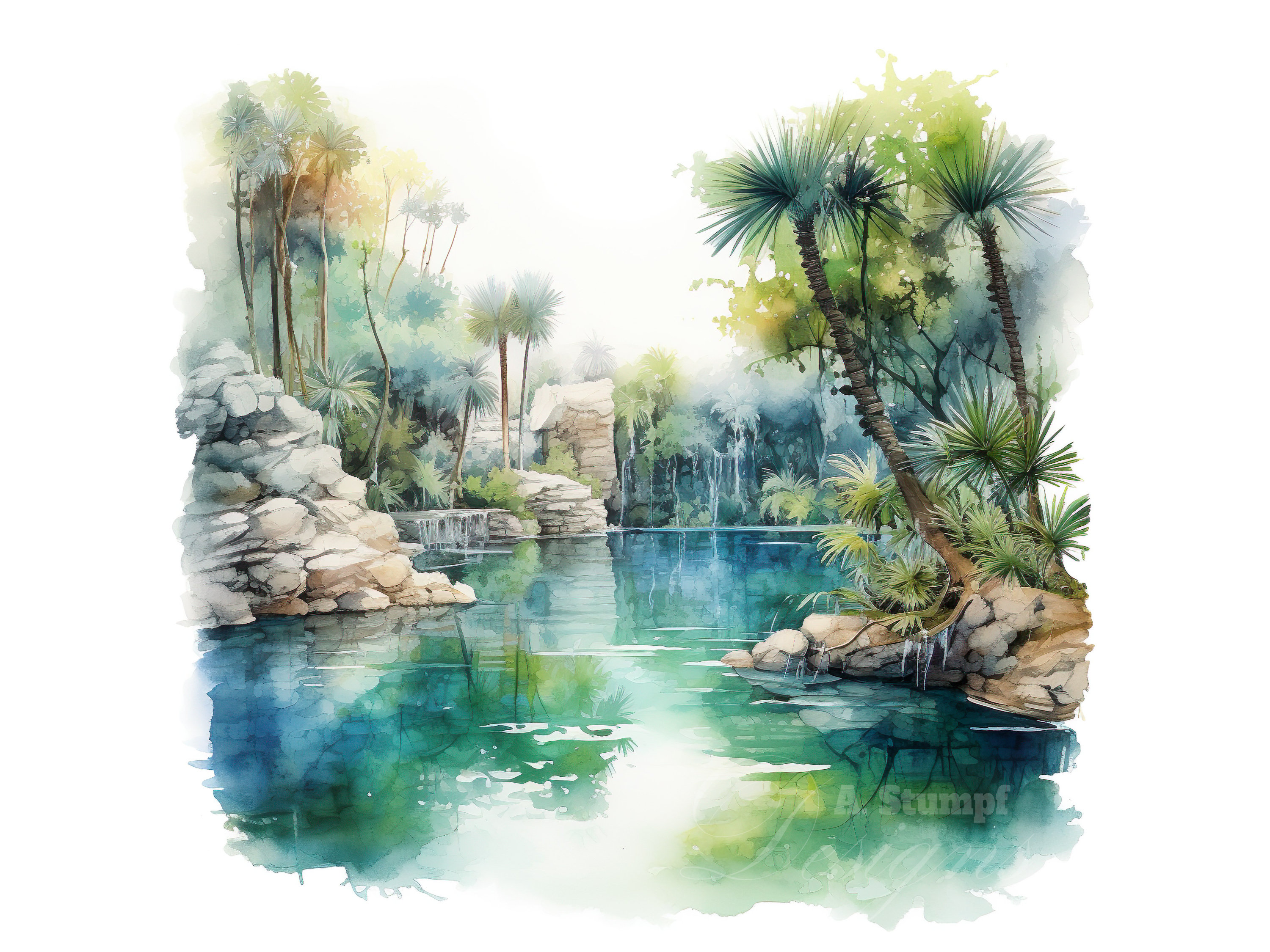 Cenote Landscape, Watercolor Clipart Set, Nature Illustration, Tropical ...