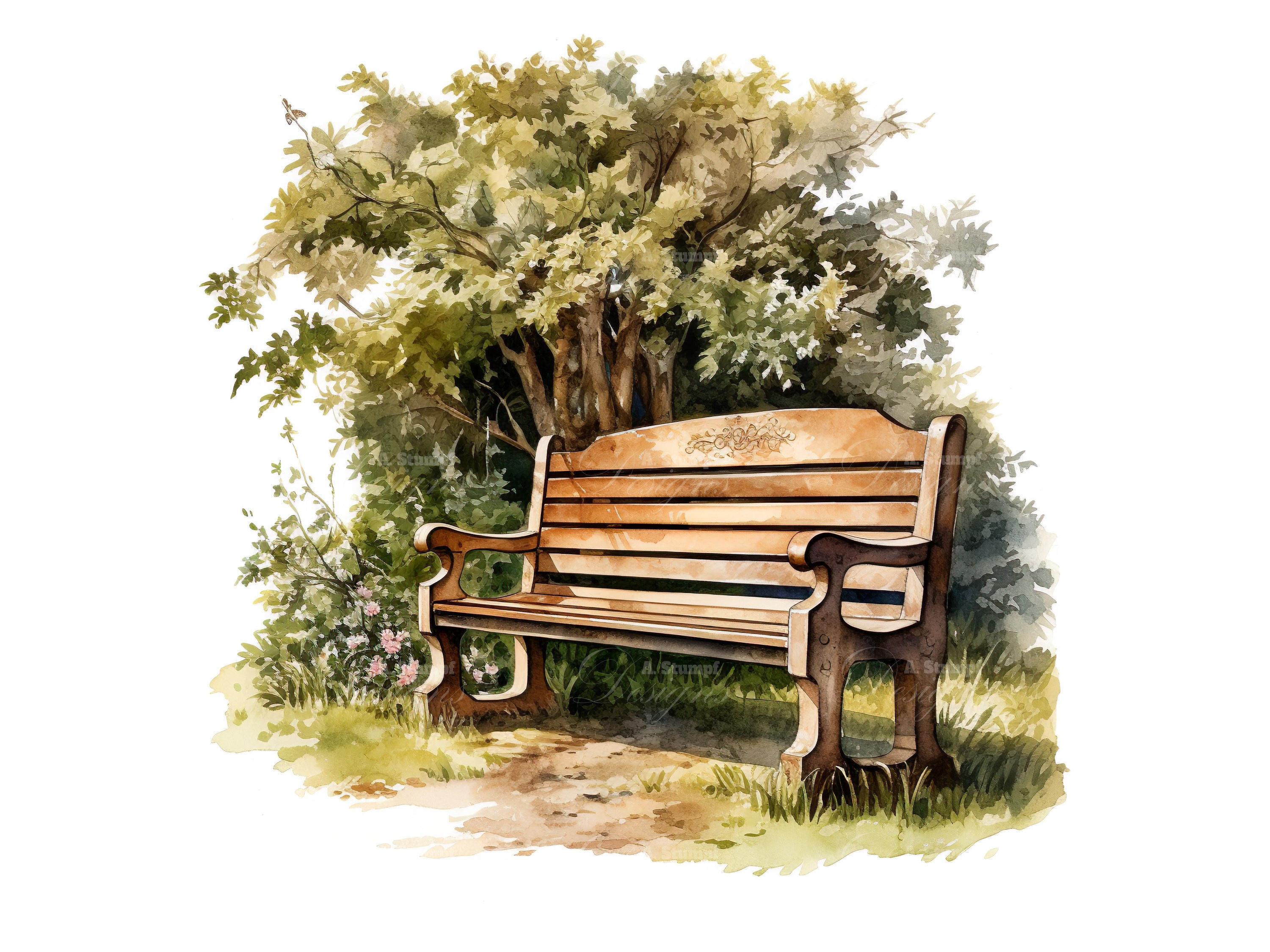 10 Park Bench Clipart Summer Scenery Illustration Digital Watercolor ...