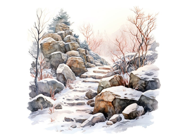 10 Rocky Hiking Trail in Winter Landscape Clipart Set Snowy Mountain ...