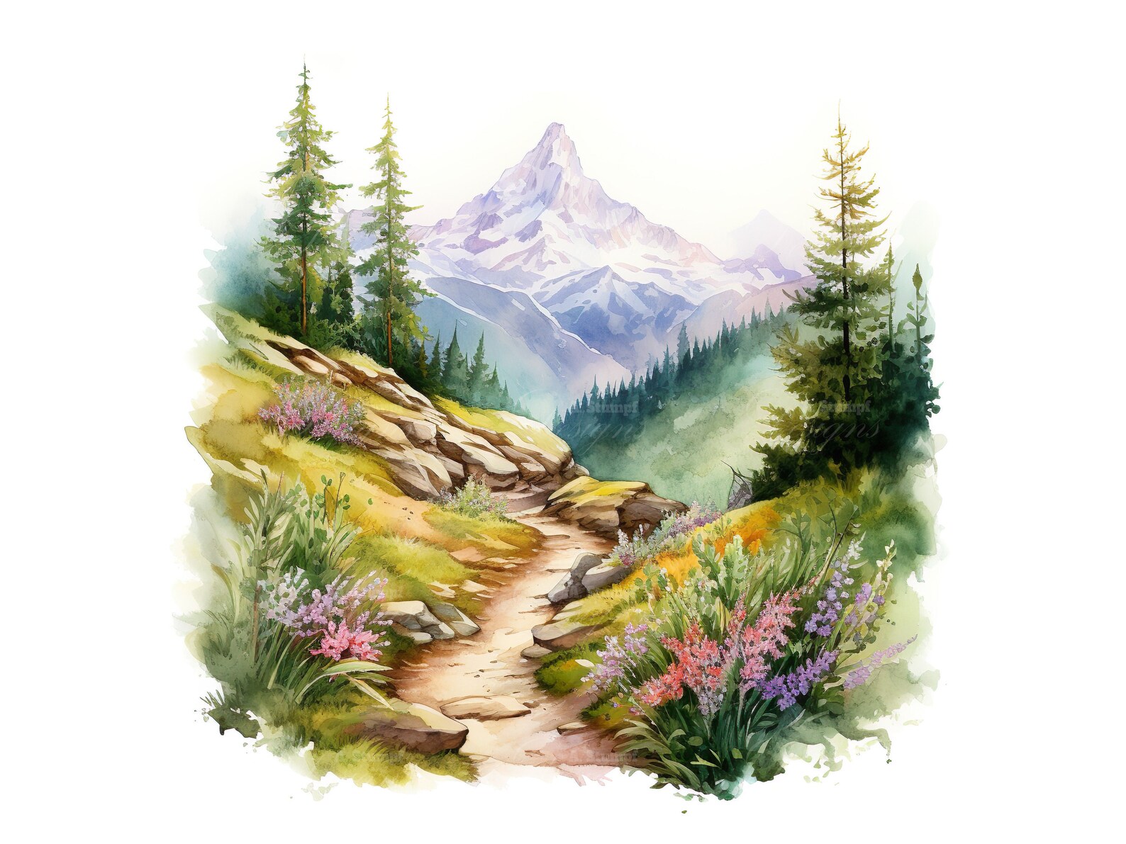 10 Mountain Hiking Trail Spring Clipart Set Digital Watercolor Painting ...