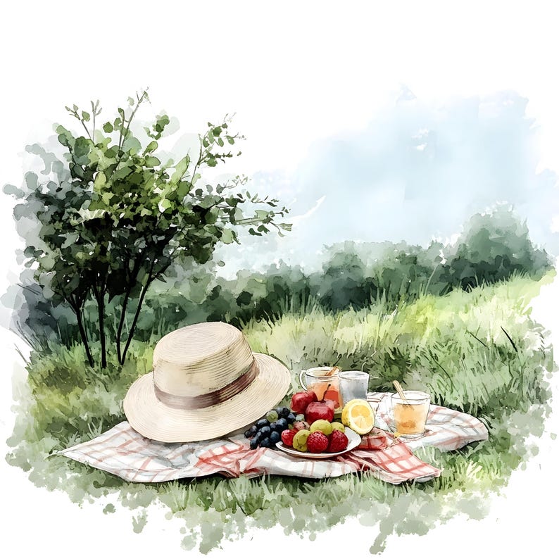 10 Picnic Summer Scenery Clipart Set Digital Watercolor Painting Food ...