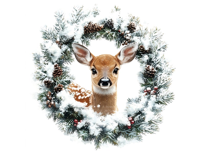 10 Deer in Christmas Wreath Clipart, Digital Watercolor Painting ...