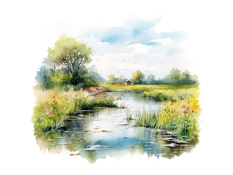 Wetland Landscape Clipart Set, Digital Watercolor Painting, Nature ...