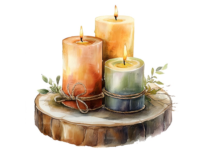 10 Rustic Candles Clipart Set, Digital Watercolor Painting, Cozy Candle ...