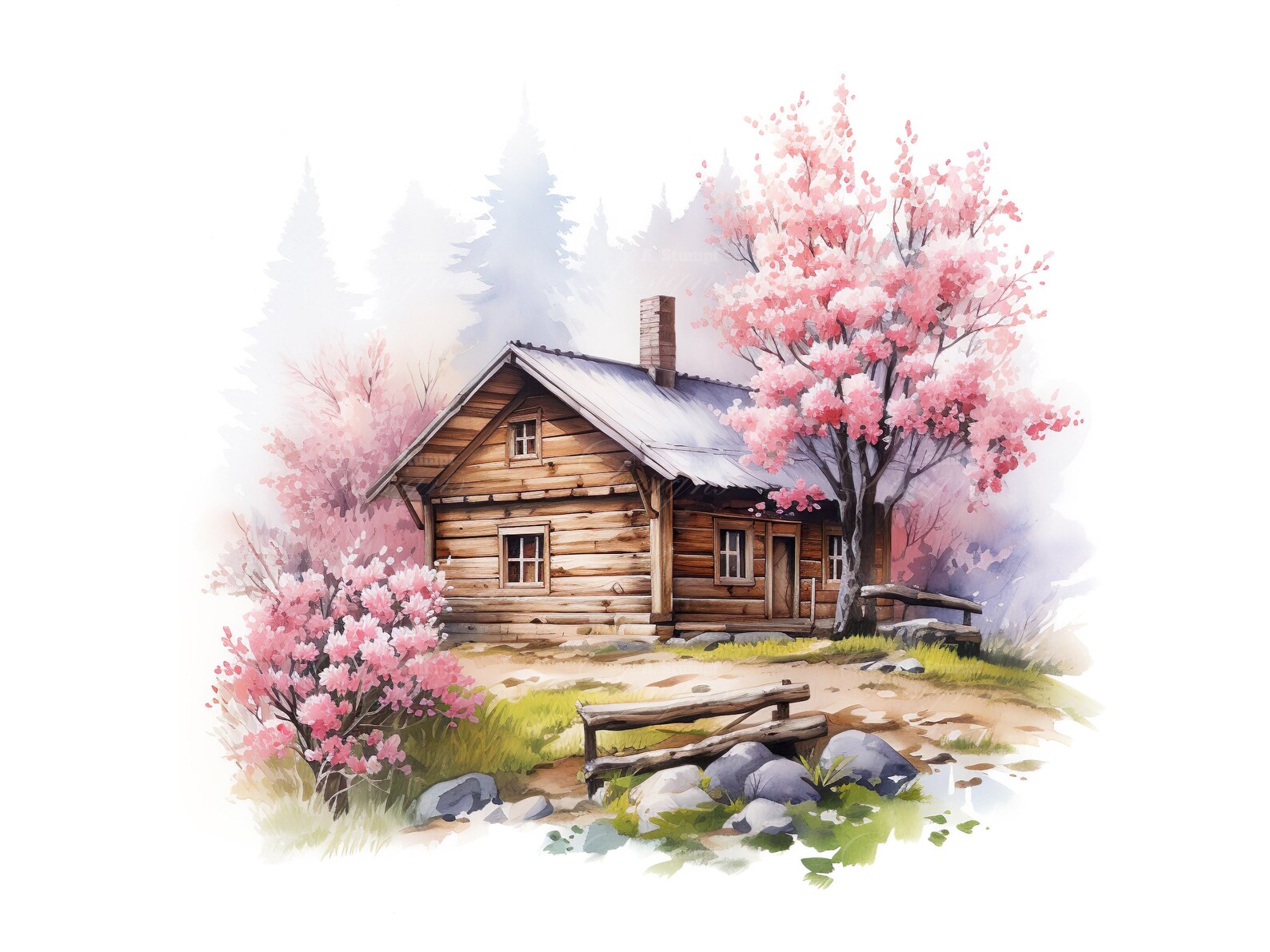10 Log Cabin Clipart Set Digital Watercolor Painting Spring Landscape ...