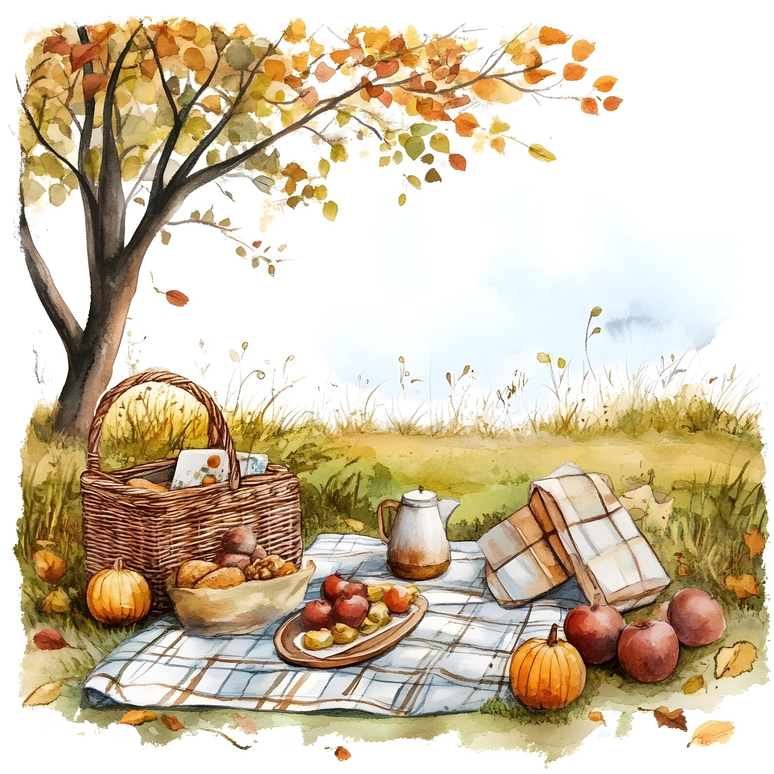 10 Picnic Autumn Scenery Clipart Digital Watercolor Rustic Fall ...