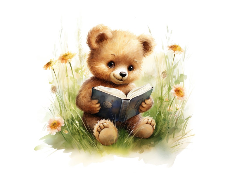10 Baby Bear Reading a Book Clipart Set Digital Watercolor Paintings ...