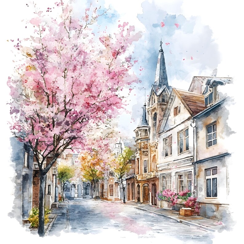 10 Spring Cityscape Clipart Set Digital Watercolor Painting Floral ...