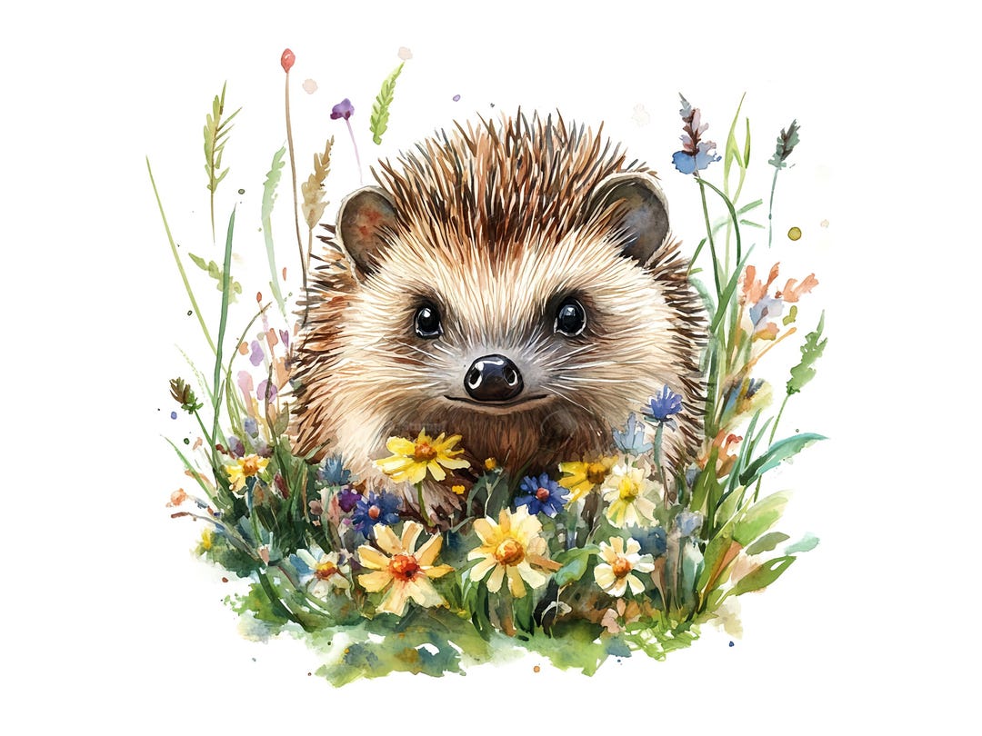 10 Hedgehog Wildflowers Clipart Set Digital Watercolor Painting Forset ...