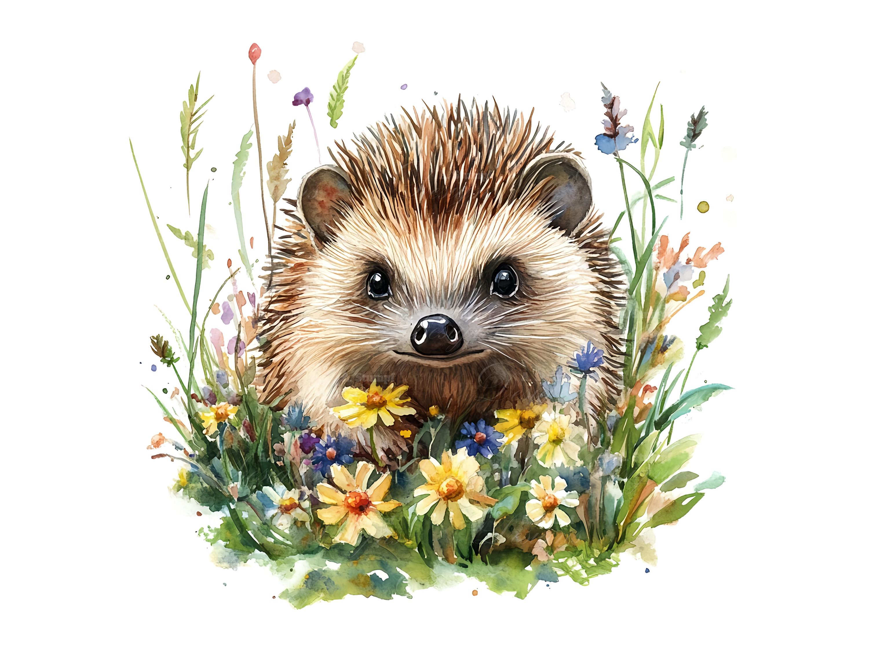 10 Hedgehog Wildflowers Clipart Set Digital Watercolor Painting Forset ...