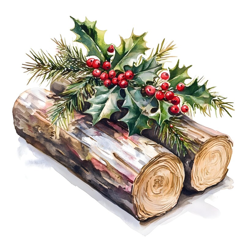 10 Mistletoe and Holly on Pine Wood Logs Clipart Set Digital Watercolor ...