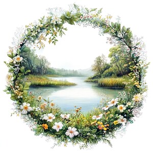 10 Spring Lake Landscape Clipart Set Digital Watercolor Painting Floral ...