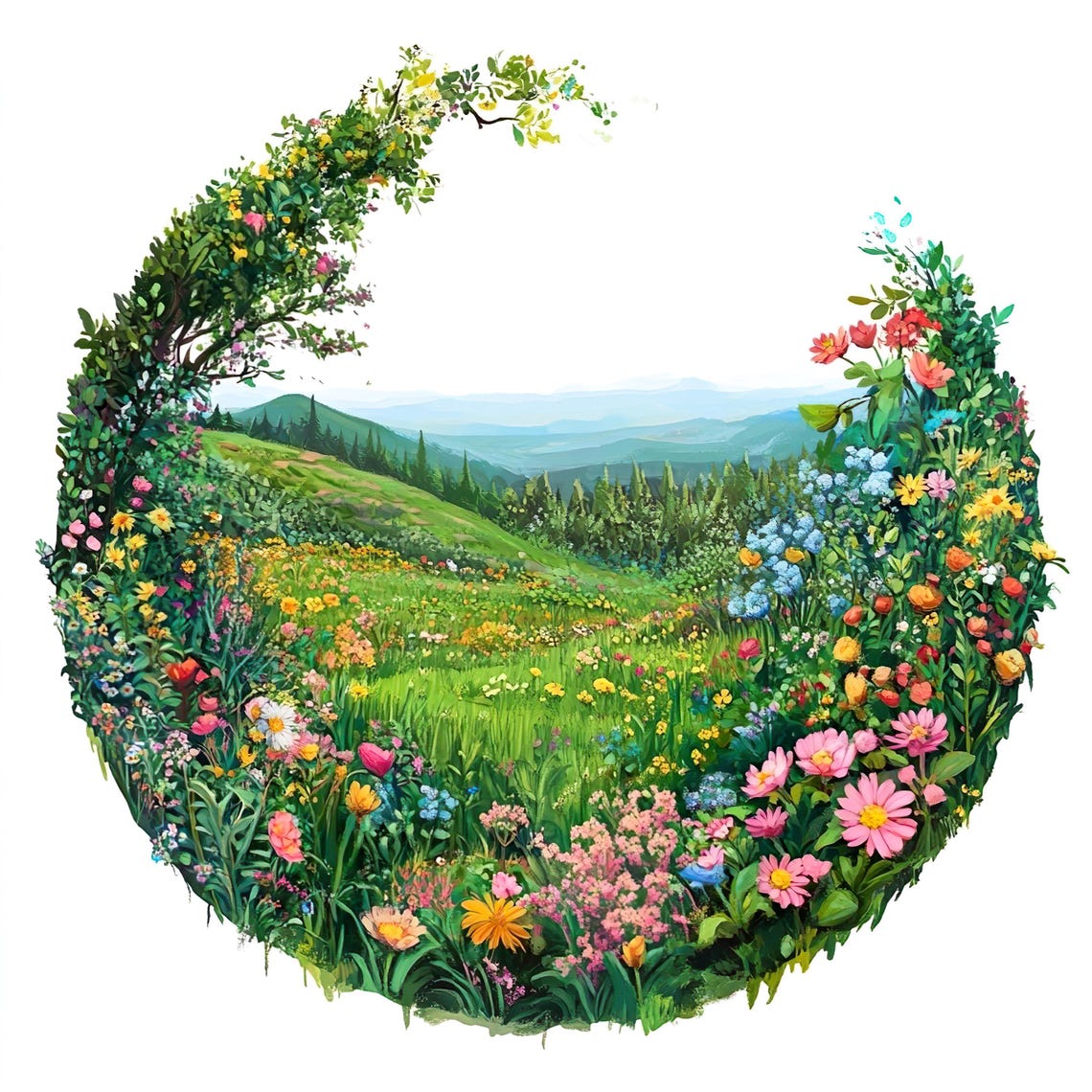 10 Spring Meadow Landscape Circle Shape Clipart Set Digital Watercolor ...
