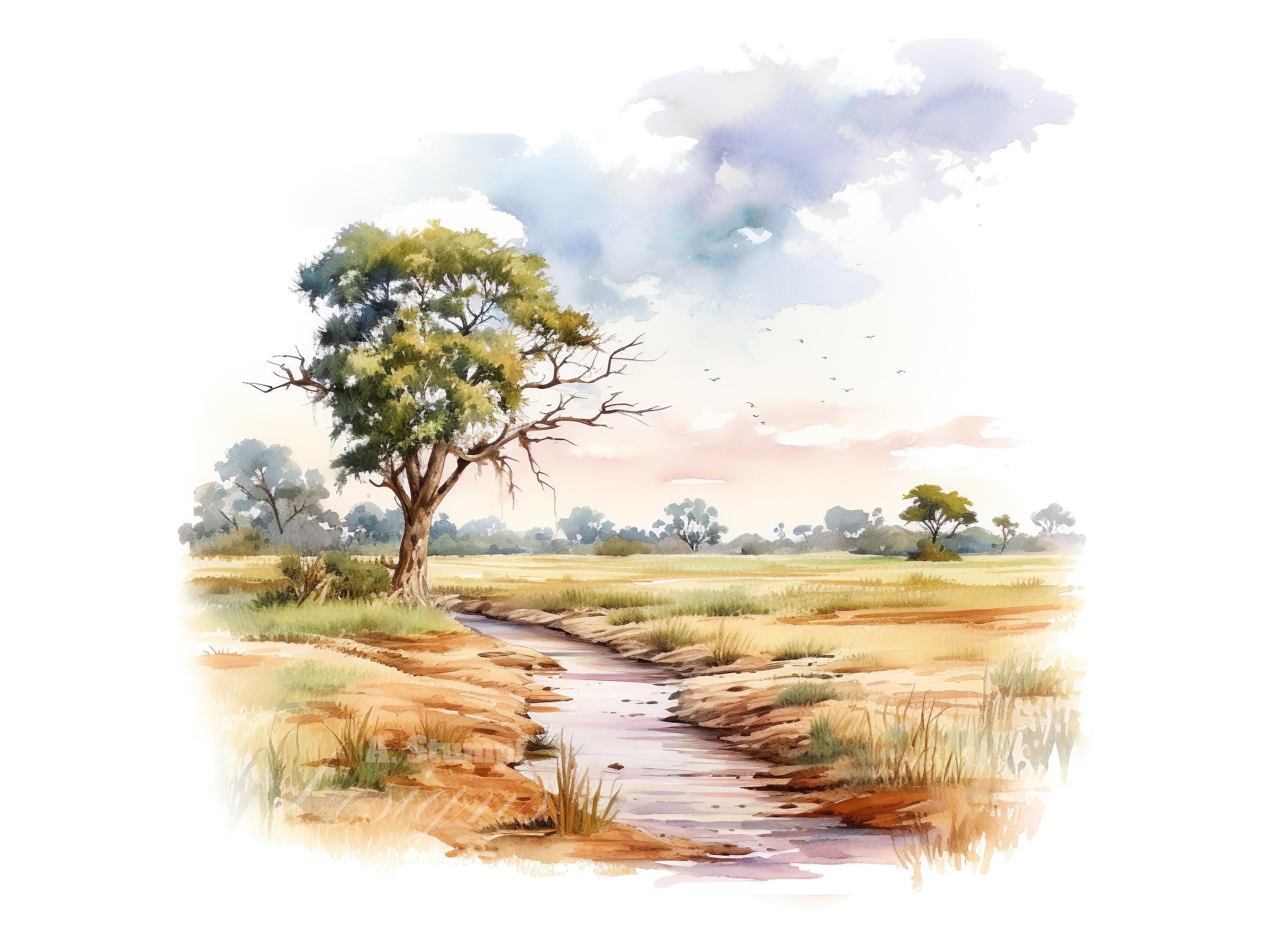 10 Savannah Landscape Clipart Set Panoramic Digital Watercolor Painting ...