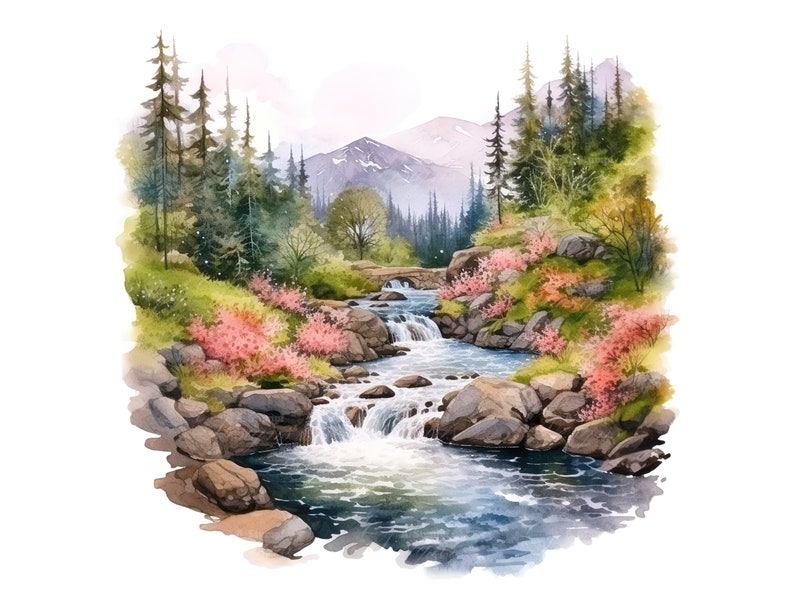 10 Mountain Stream Spring Landscape Clipart Set Digital Watercolor ...