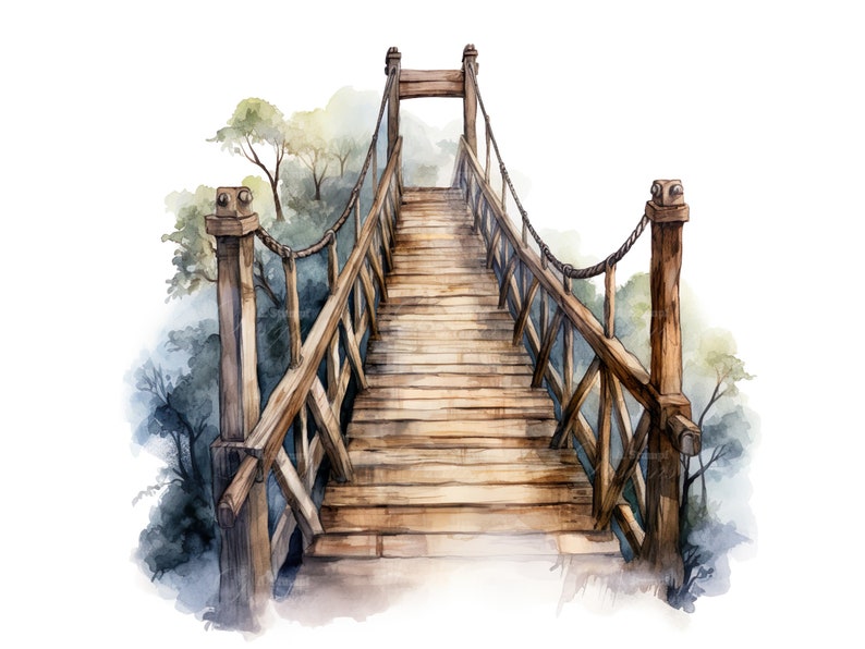10 Old Wooden Suspension Hanging Bridge, Digital Watercolor Painting ...