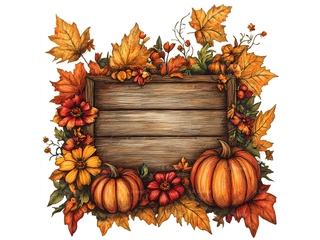 10 Empty Wooden Sign Clipart Leaves Pumpkins Flowers Digital Watercolor ...