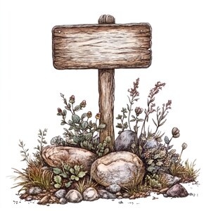 10 Old Empty Wooden Garden Sign With Rocks and Plants Clipart Set ...