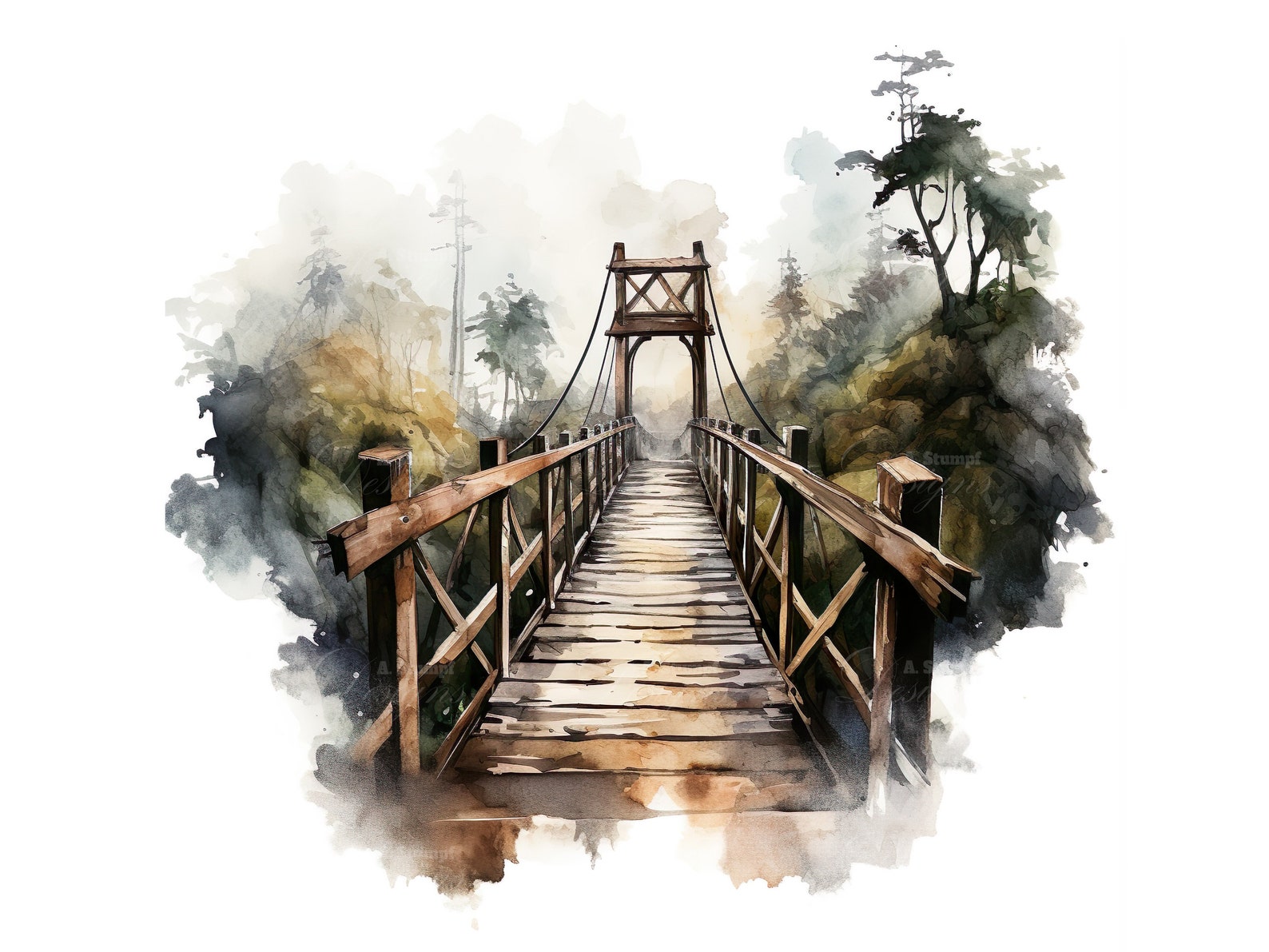 10 Old Wooden Suspension Hanging Bridge, Digital Watercolor Painting ...