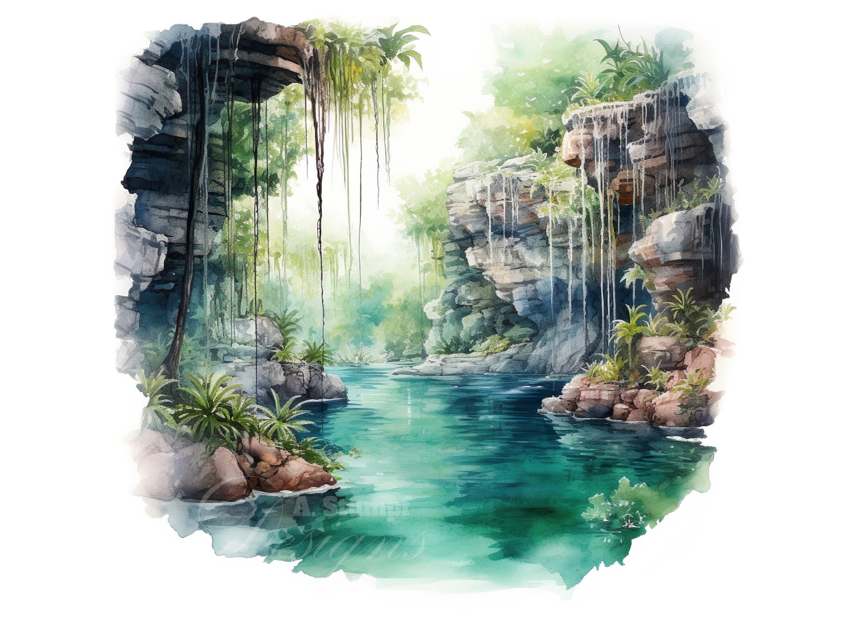 Cenote Landscape, Watercolor Clipart Set, Nature Illustration, Tropical ...
