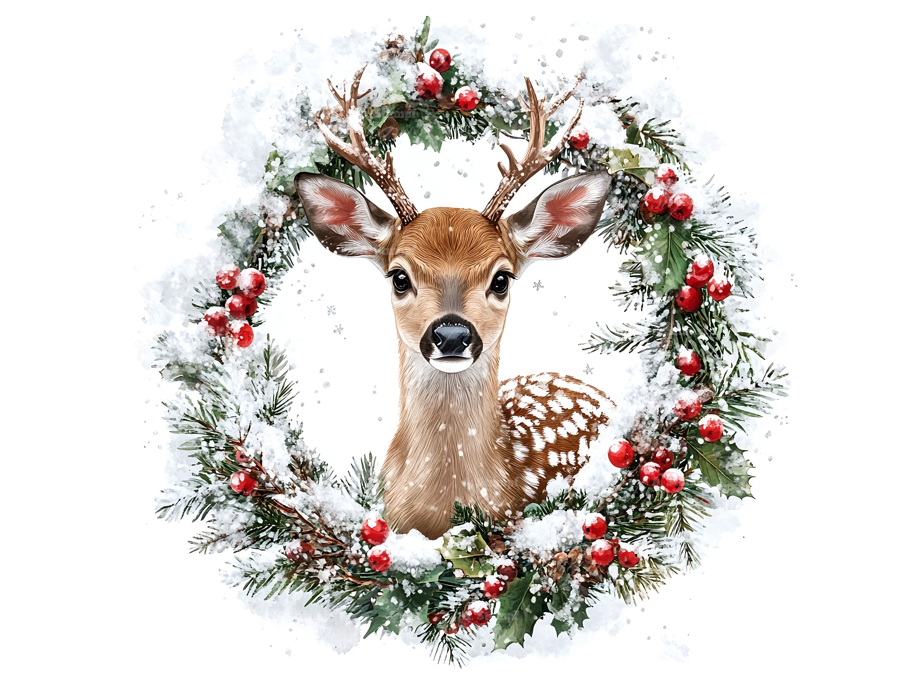 10 Deer in Christmas Wreath Clipart, Digital Watercolor Painting ...